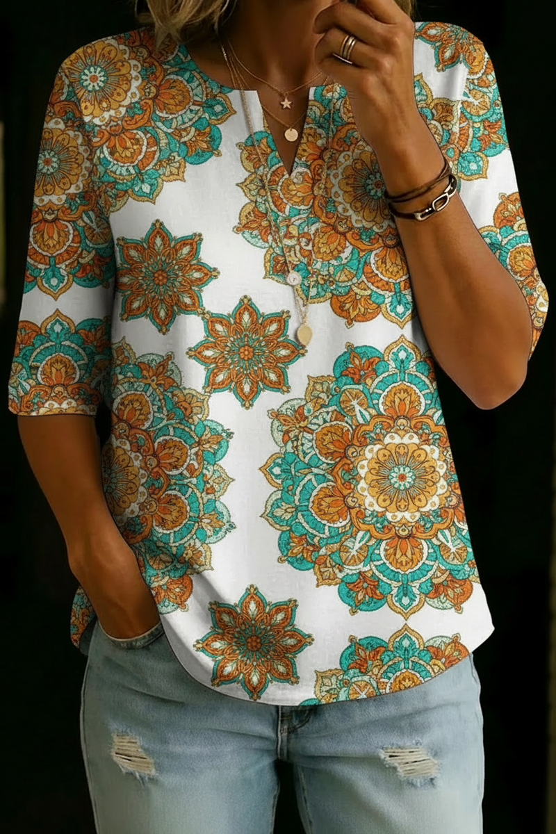 Naomi | Teal Mandala Henley Top – Lucy & Claire